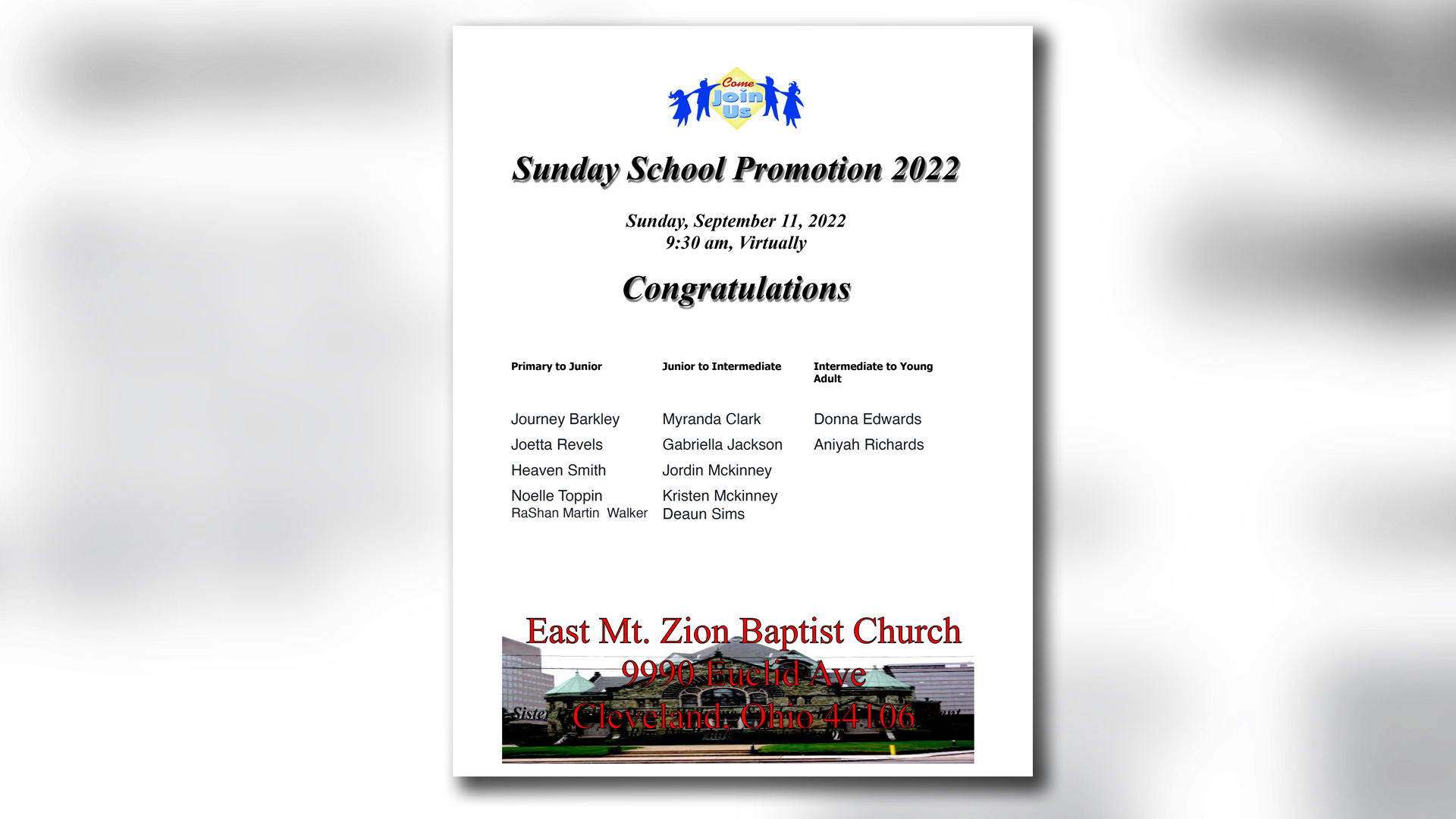 Sunday School Promotion 2022 - East Mount Zion Baptist Church